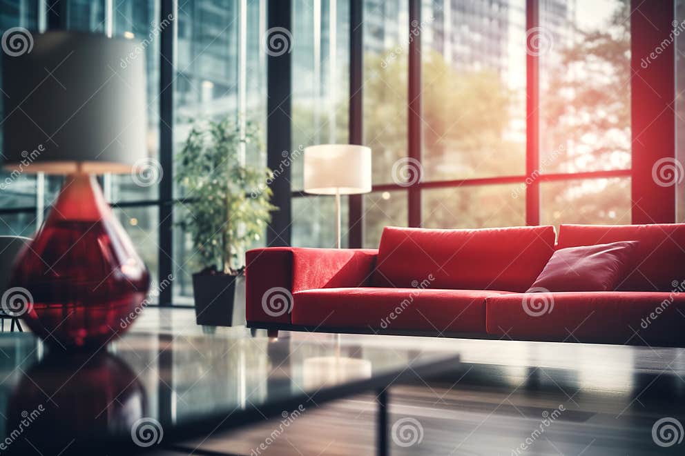 Stylish Blurred Minimal Interior with Red Sofa and Motion Blur Light ...