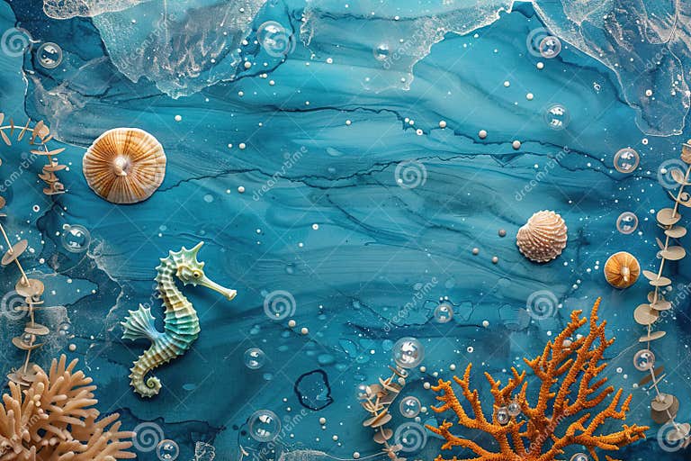 Stylish Border Frame with Seahorse with Algae, Shells and Corals on ...