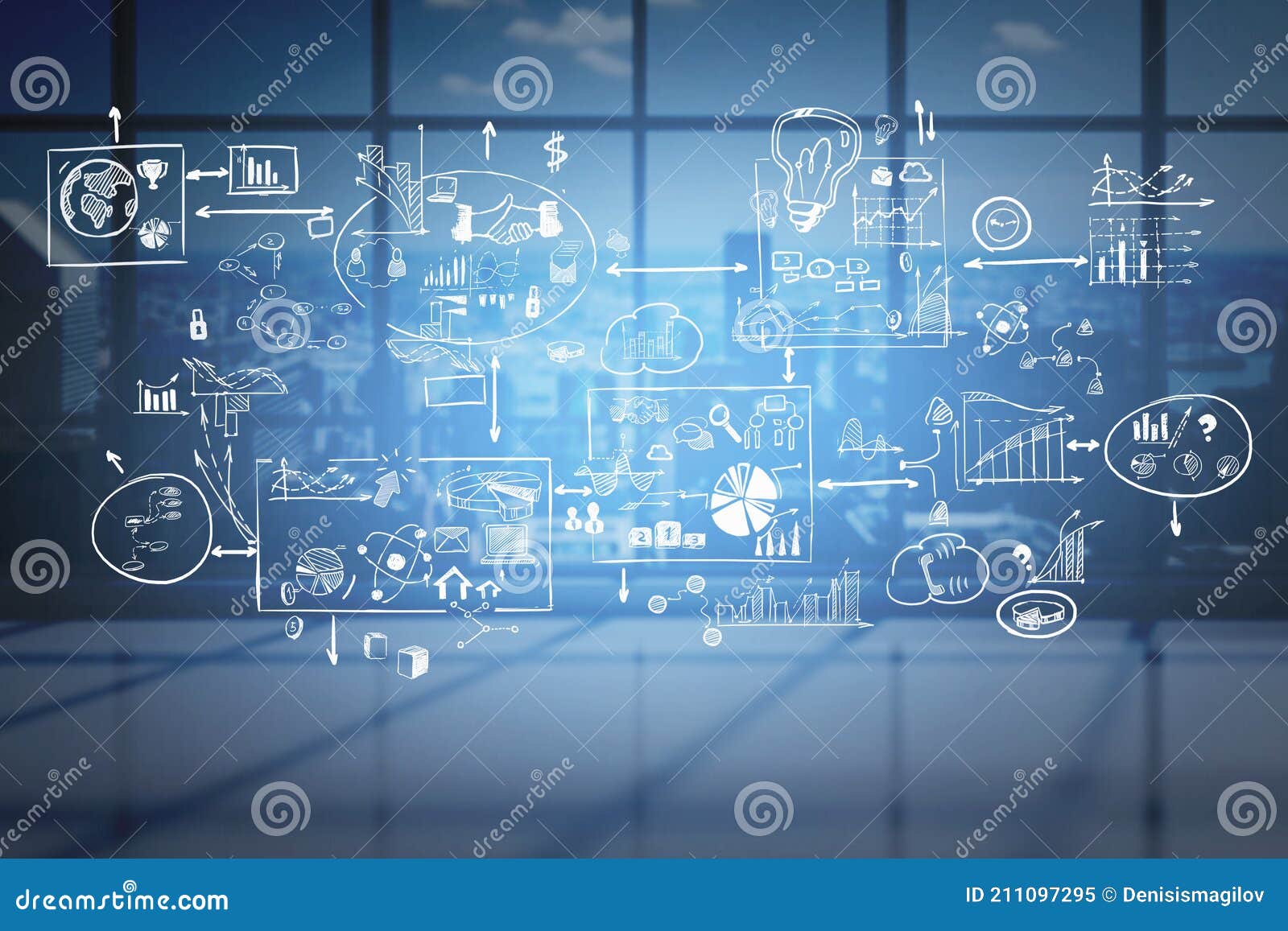 Stylish Business Strategy Or Plan Mind Map Sketch Over Blurry Panoramic ...
