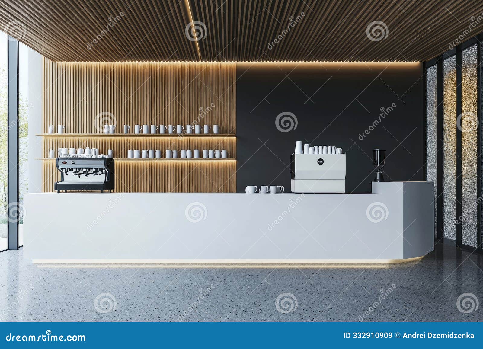 Stylish Cafeteria Interiors with Bar Counters and Shelves, Panoramic ...