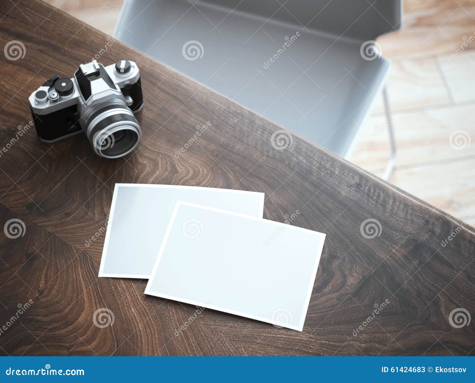 Stylish Camera and Photos on Wooden Table. 3d Rendering Stock Image ...