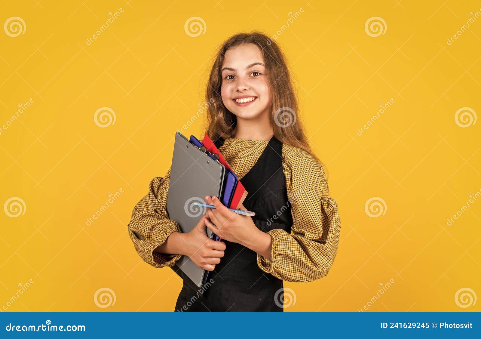 Stylish Child Girl Working with Paper Documents in Folder, Back To ...