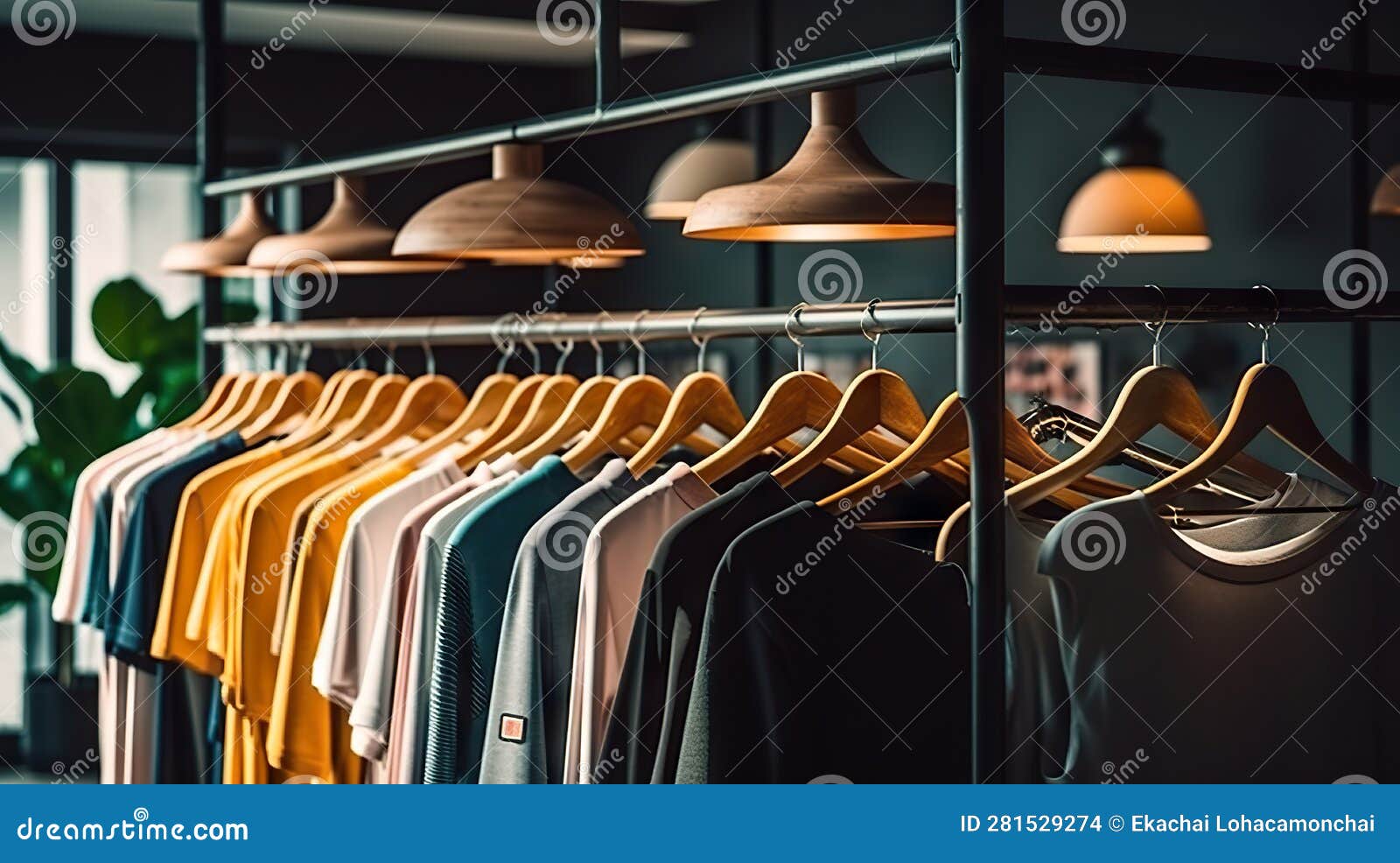 Stylish Clothes Rack with Bright Ceiling Lights and Array of Shirts ...