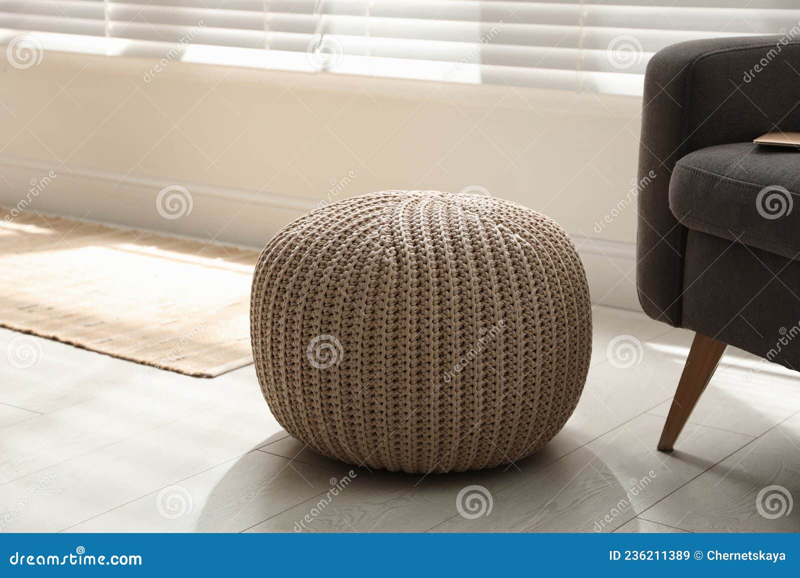 Stylish Comfortable Pouf in Room. Home Design Stock Image - Image of ...