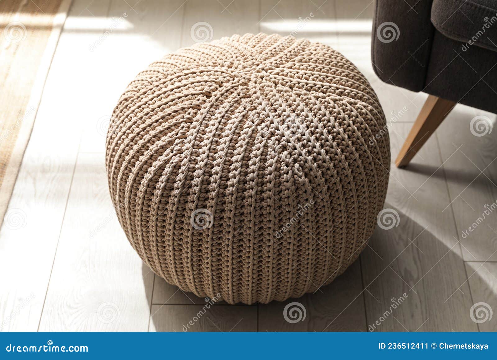 Stylish Comfortable Pouf in Room. Home Design Stock Image - Image of ...