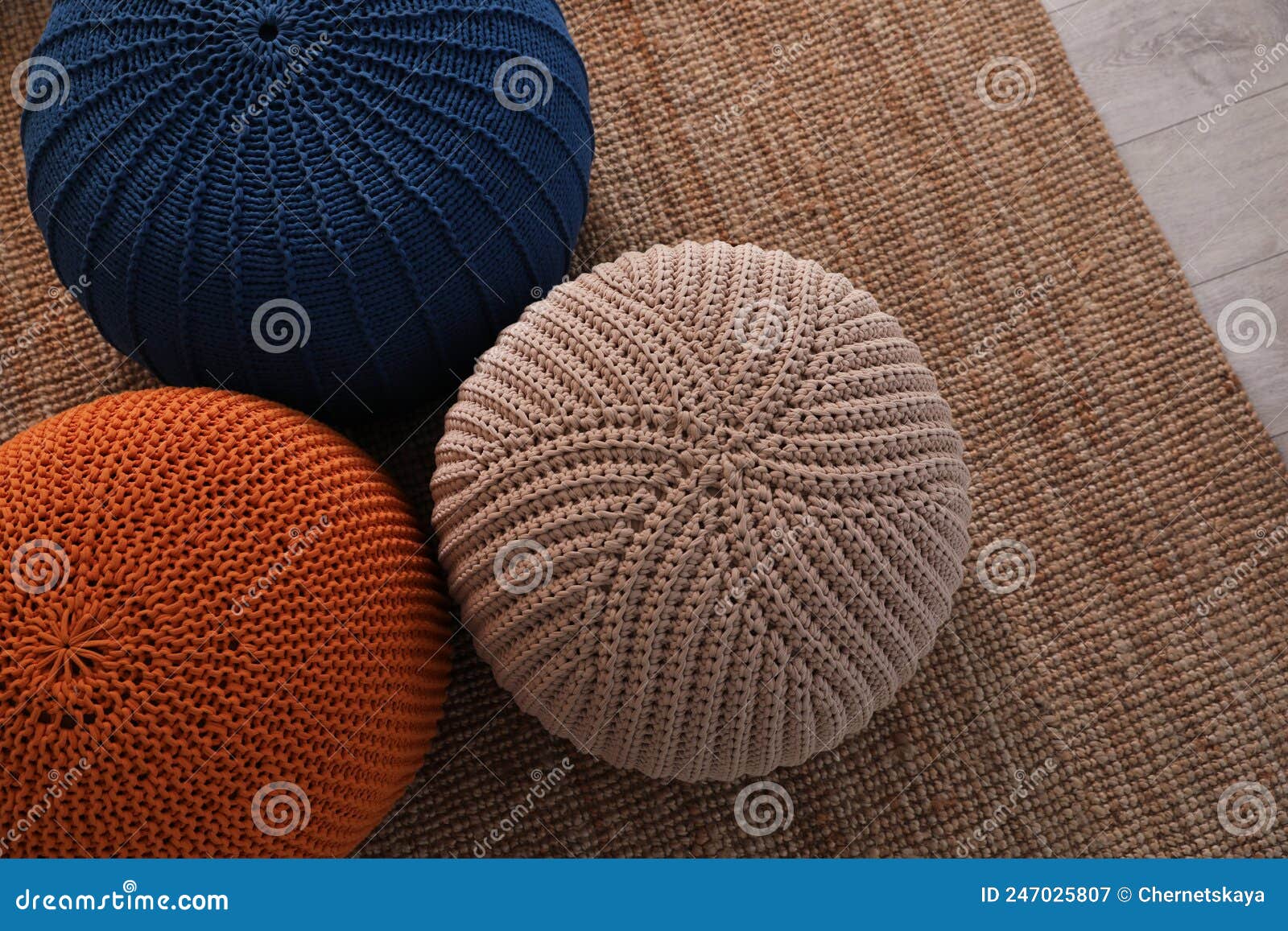 Stylish Comfortable Poufs on Carpet, Top View. Home Design Stock Image ...