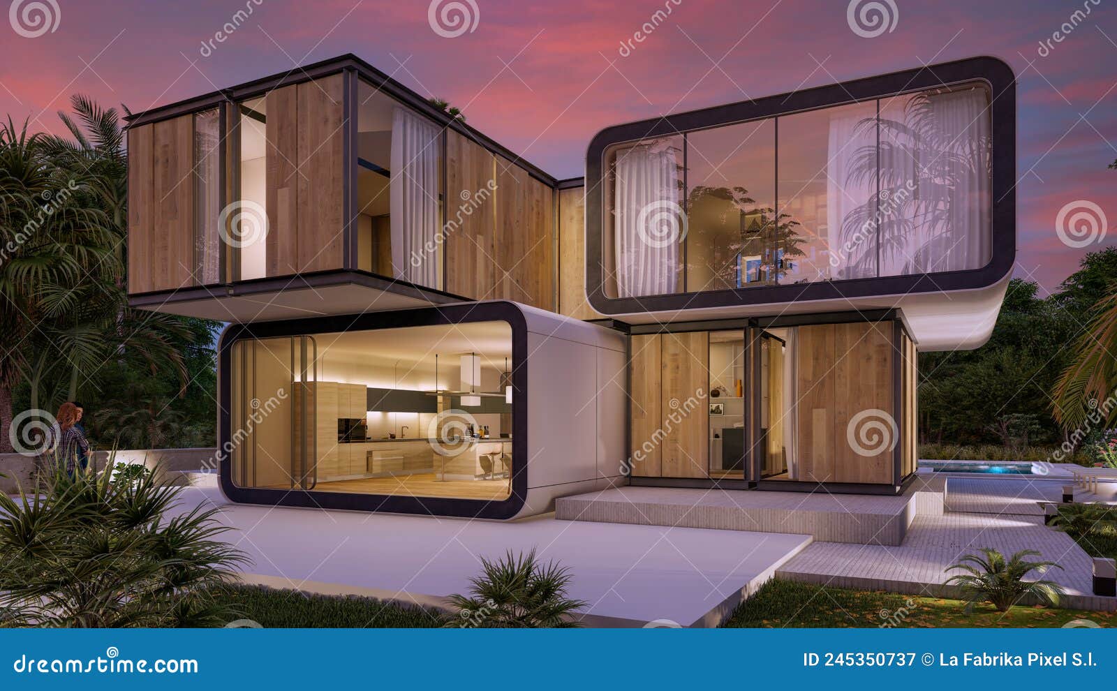 Stylish Contemporary House at Sunset Stock Illustration - Illustration ...