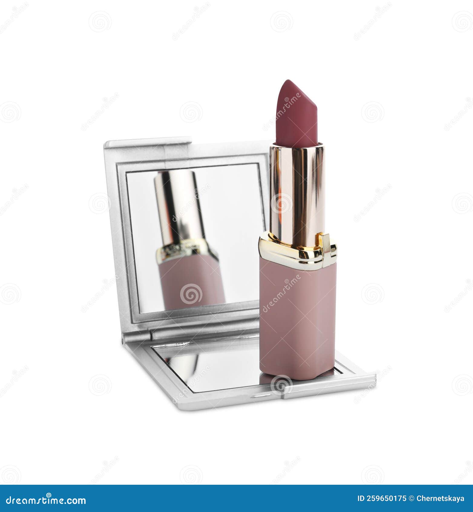 Stylish Cosmetic Pocket Mirror and Lipstick on White Background Stock ...