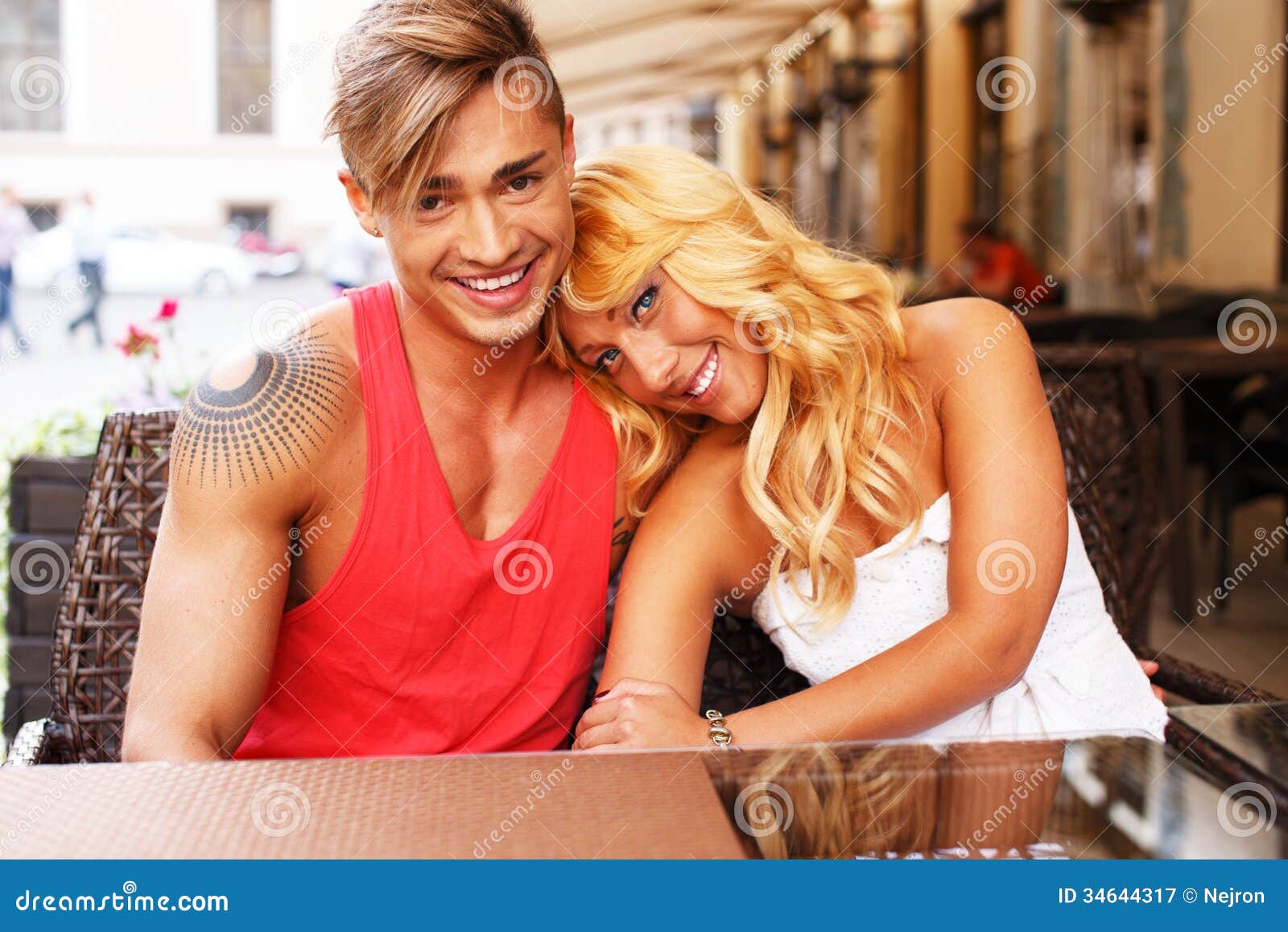 Stylish couple outdoors stock image. Image of jeans, cafe - 34644317