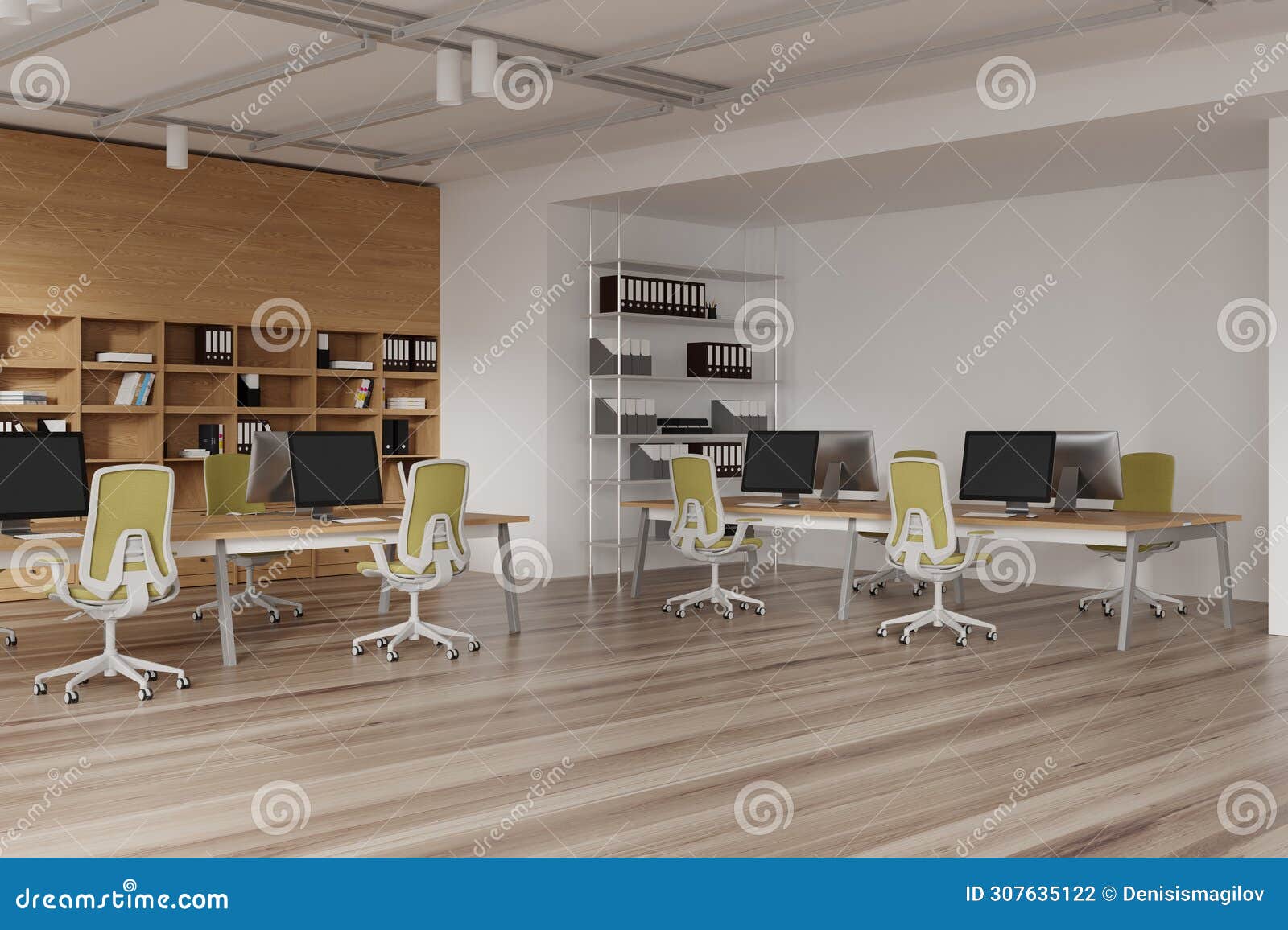 Stylish Coworking Interior with Pc Computers, Shelf with Documents ...