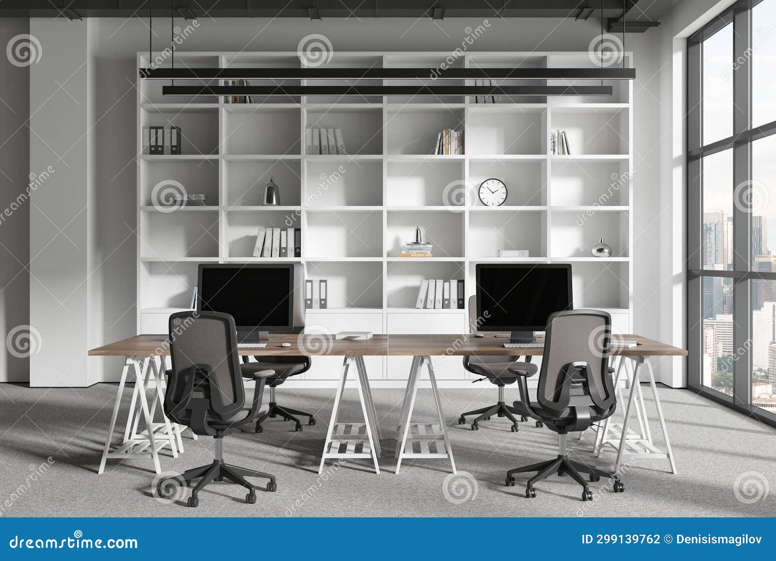 Stylish Coworking Interior with Pc Desktop and Shelf, Panoramic Window ...