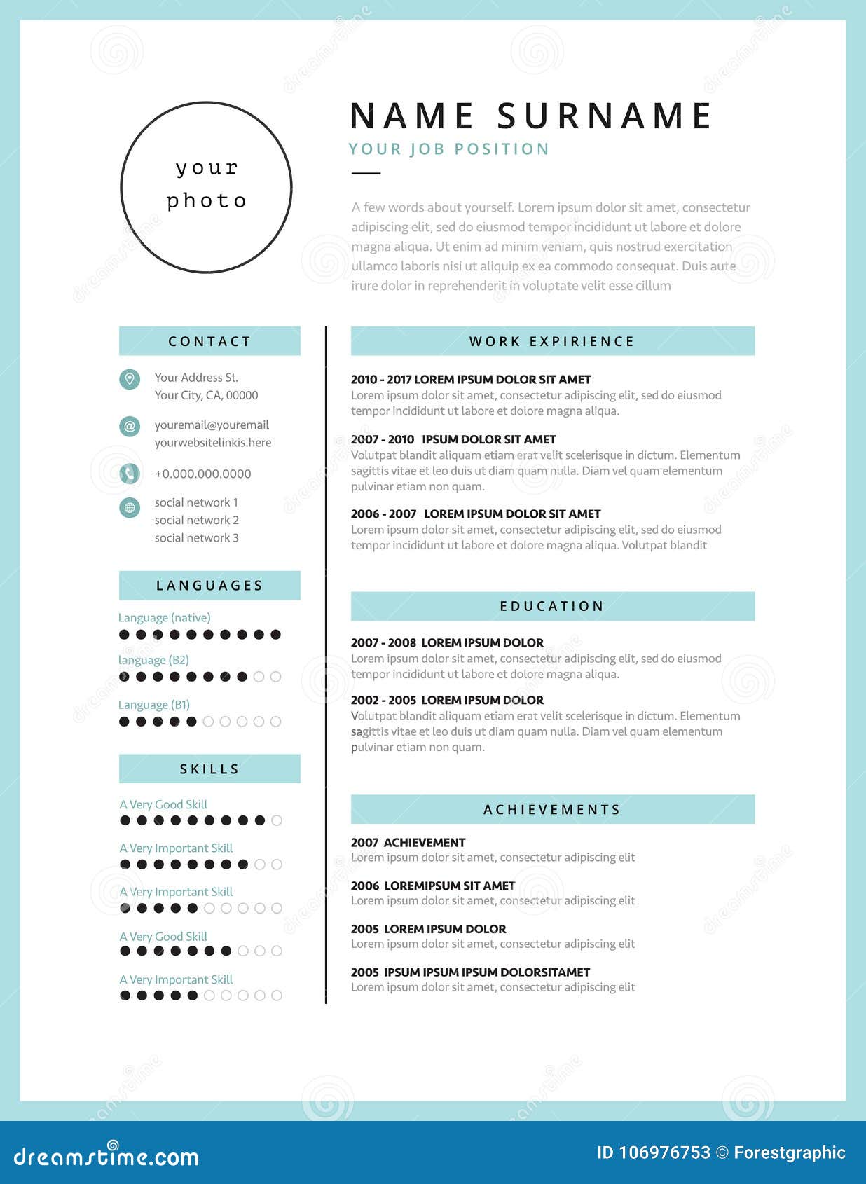 Stylish CV Resume Minimalist Template Mint Color - Vector Stock Vector ...