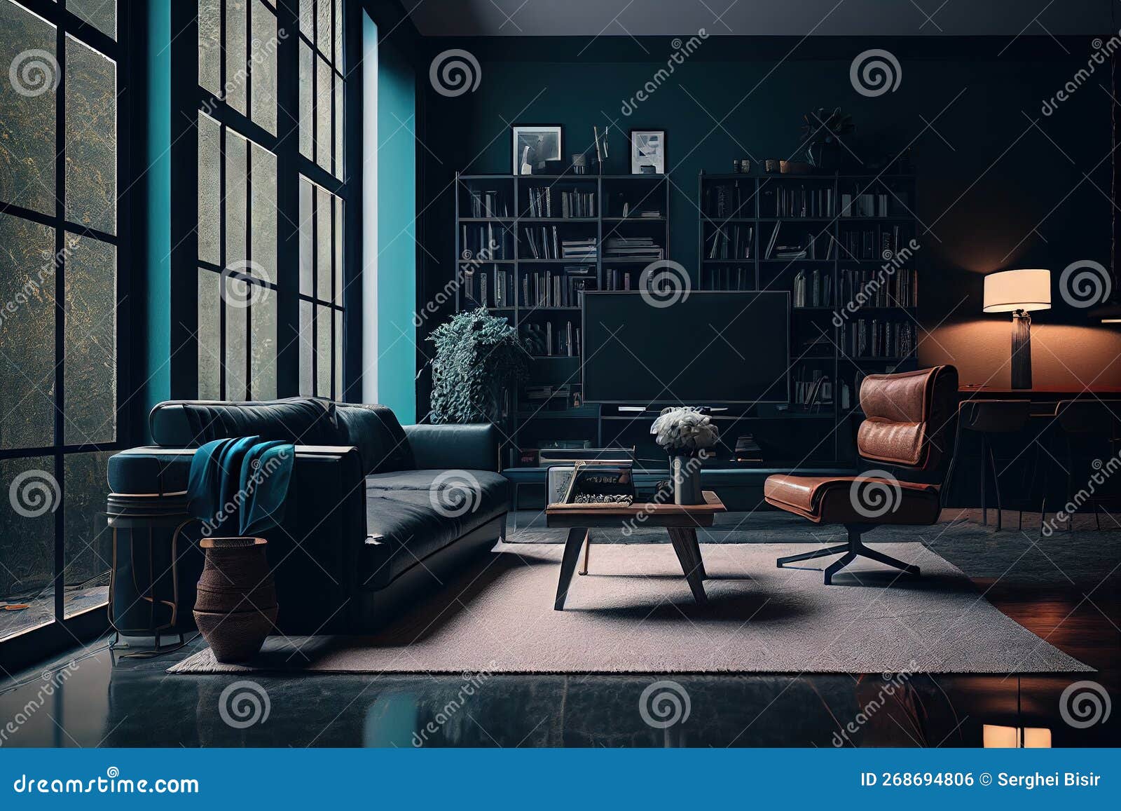 Stylish Dark Home Interior Background with Wall Mockup. Generative AI ...