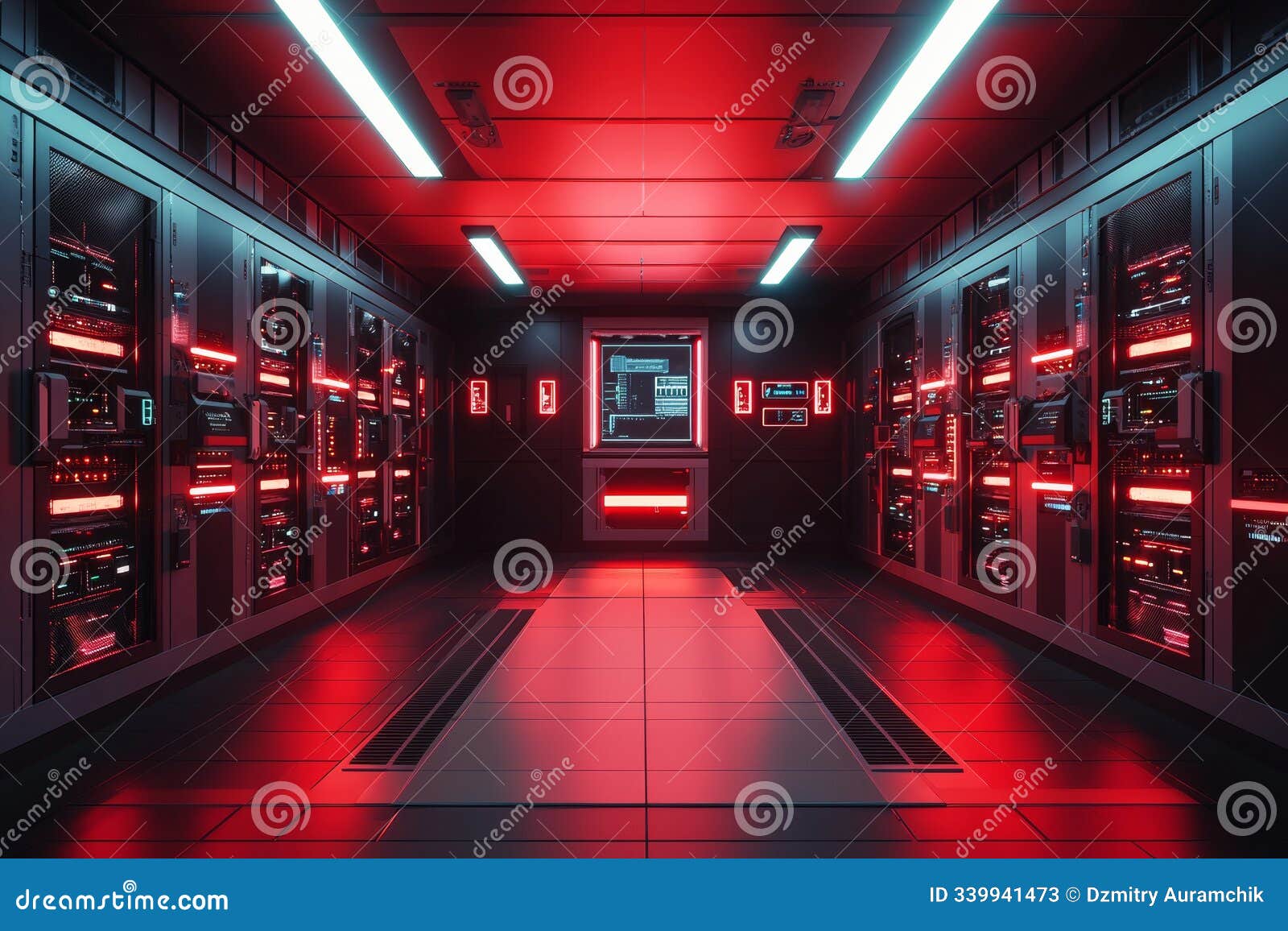Stylish Data Center with Red LED Lights, Server Racks, and Reflective ...
