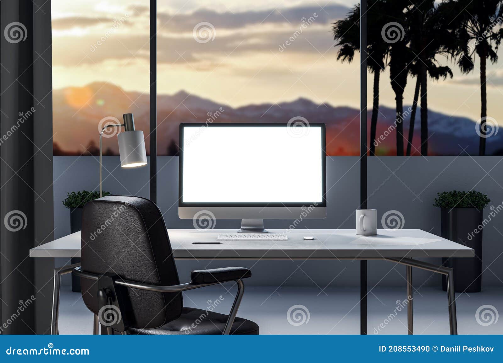 Stylish Designer Desktop with Glowing Computer Screen Stock ...
