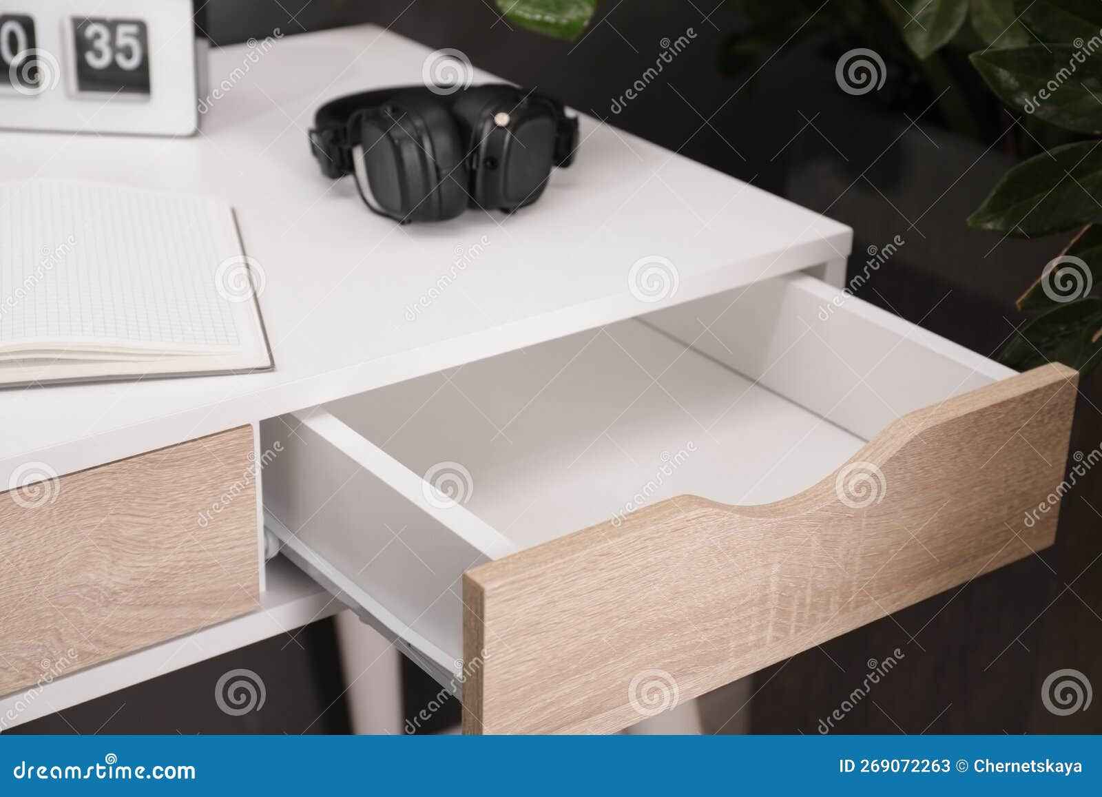Stylish Desk with Open Empty Drawer in Office Stock Image - Image of ...