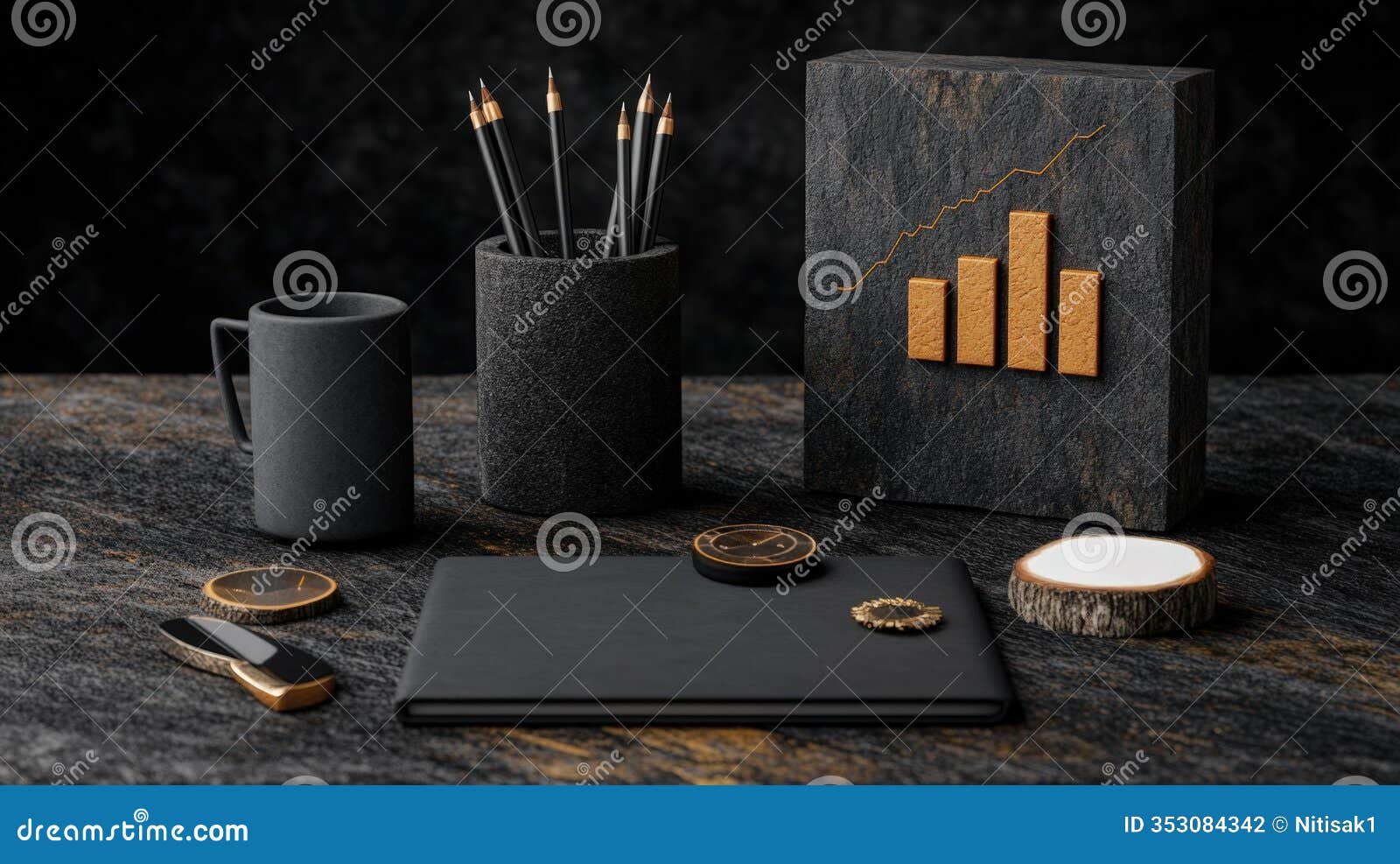 Stylish Desk Setup with Graph Display Stationary and Modern Accessories ...