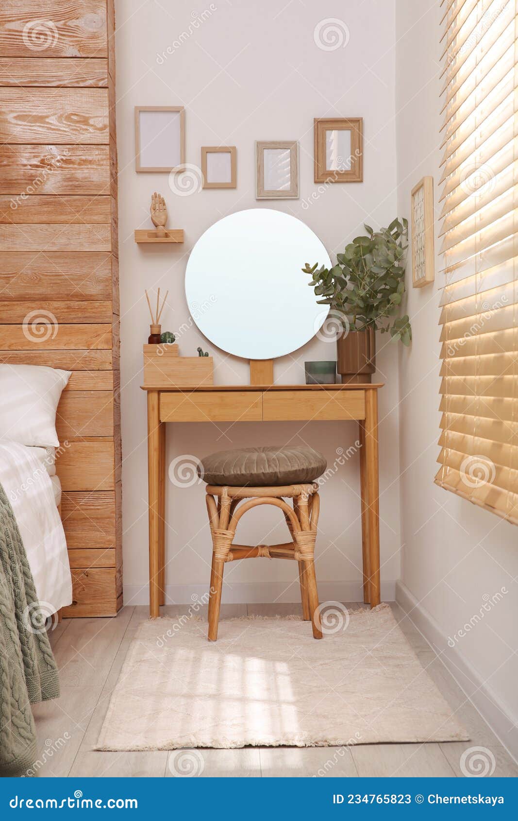 Stylish Dressing Table and Mirror Near White Wall in Bedroom. Interior ...