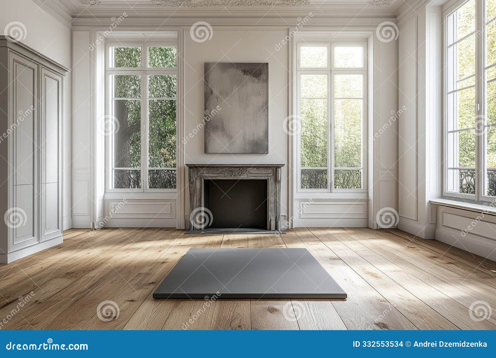 Stylish Exhibition Room Interior with Drawers, Panoramic Windows, and ...