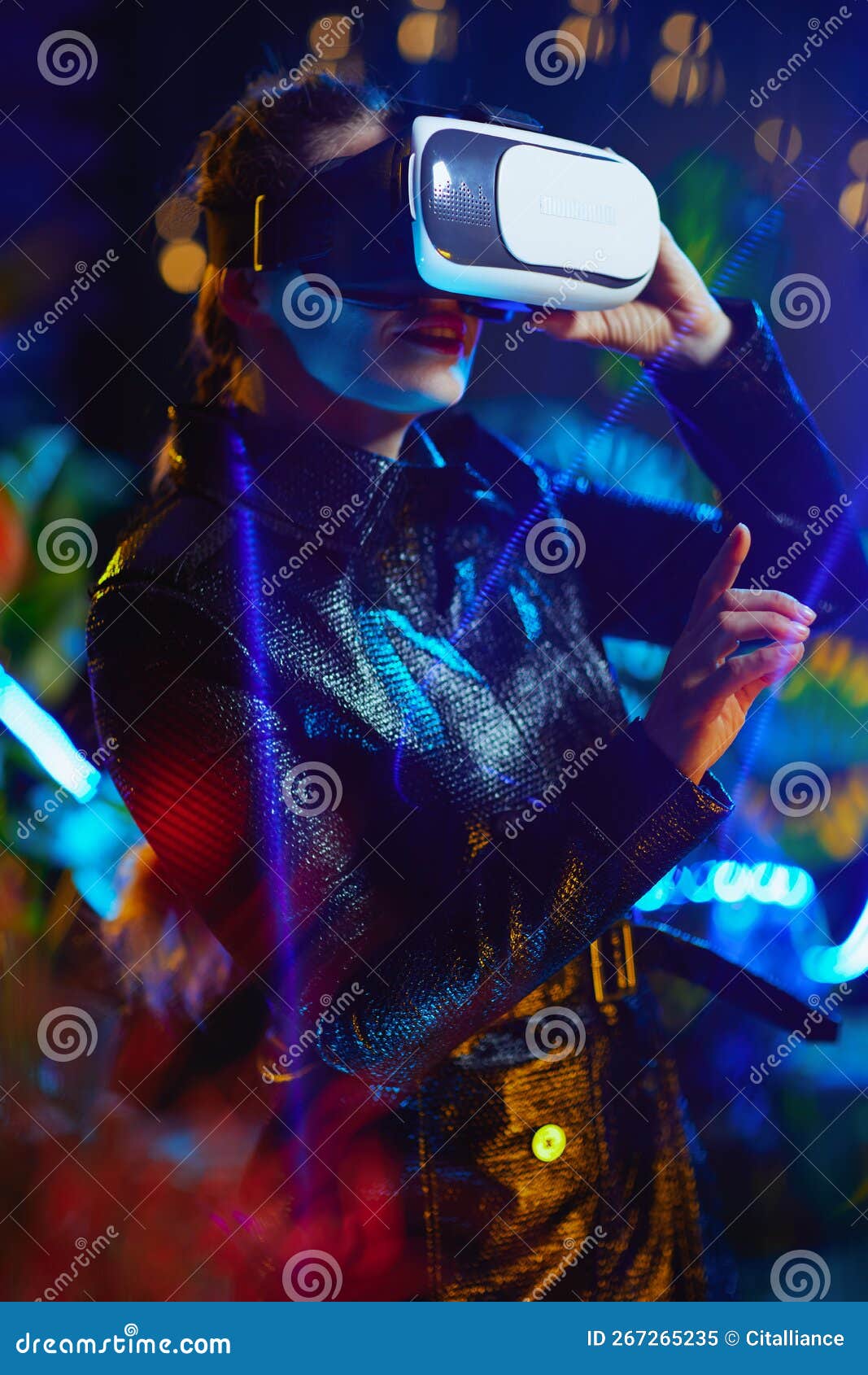Stylish Female in Metaverse Pressing Button in Air Stock Image - Image ...
