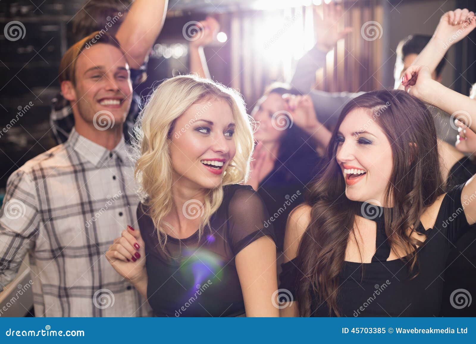 Stylish Friends Dancing and Smiling Stock Image - Image of dress, front ...