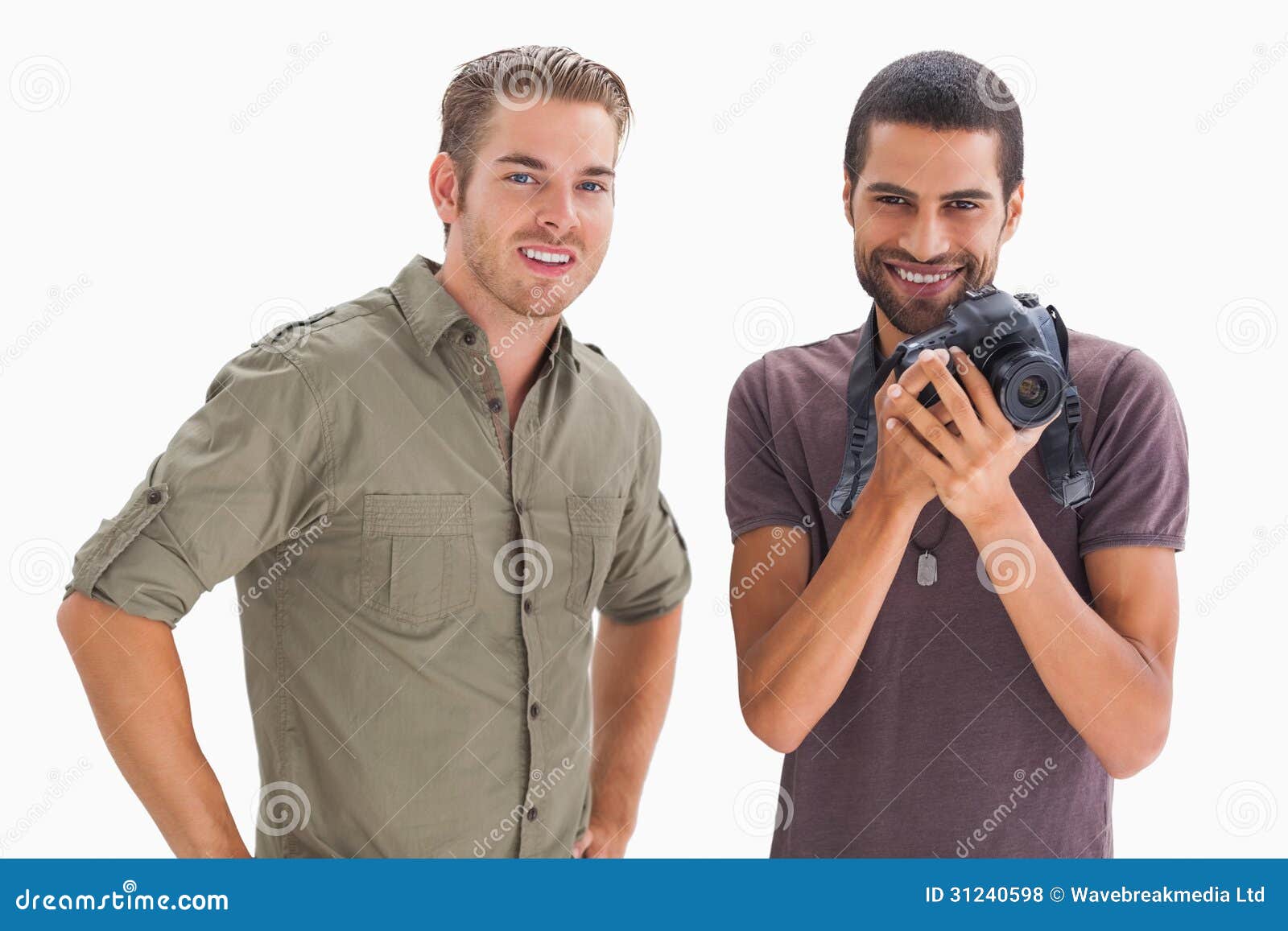 Stylish Friends Smiling with One Holding Camera Stock Photo - Image of ...