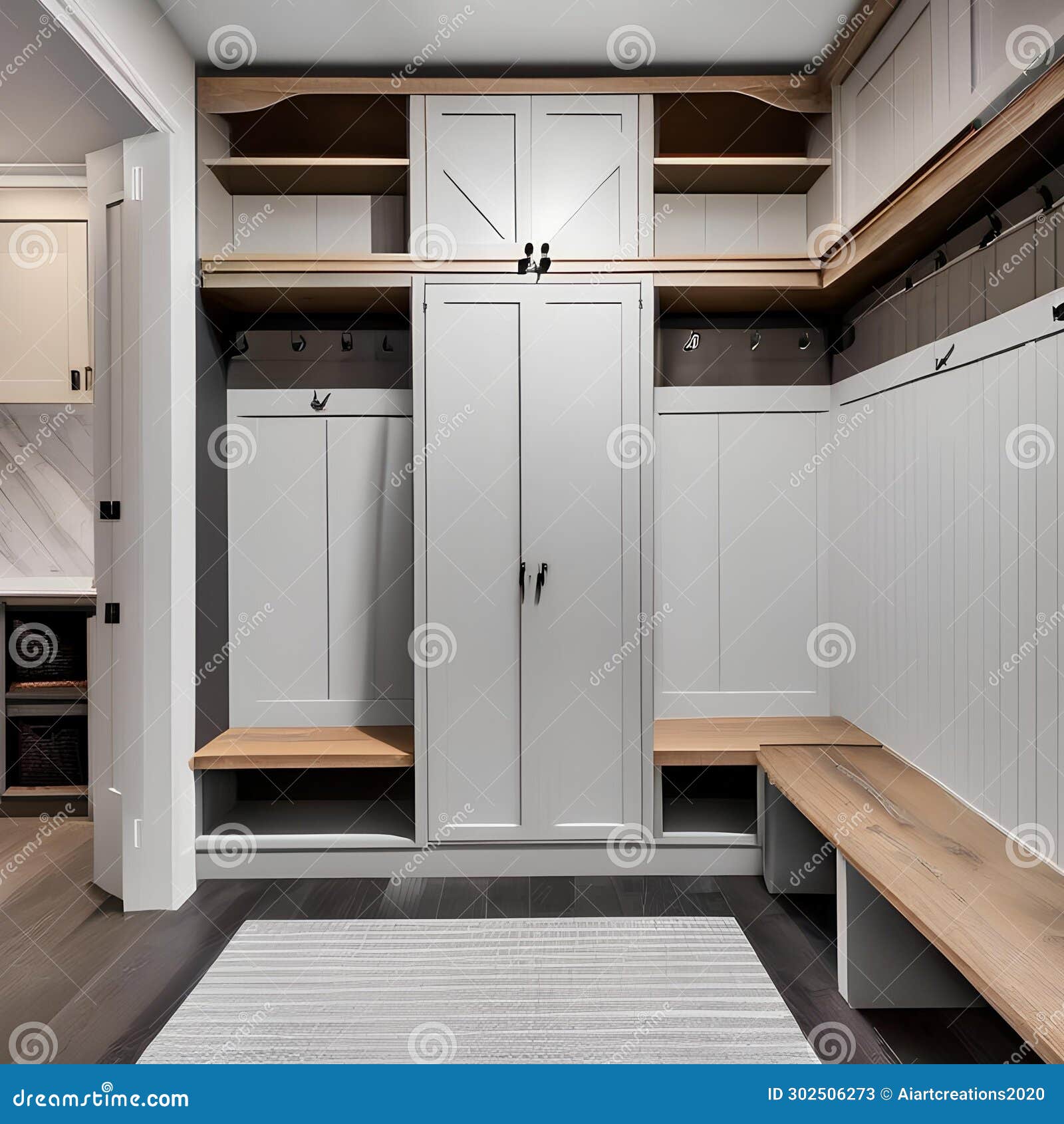 Mudroom With Built-in Wooden Benches, Hooks For Coats, And Storage ...