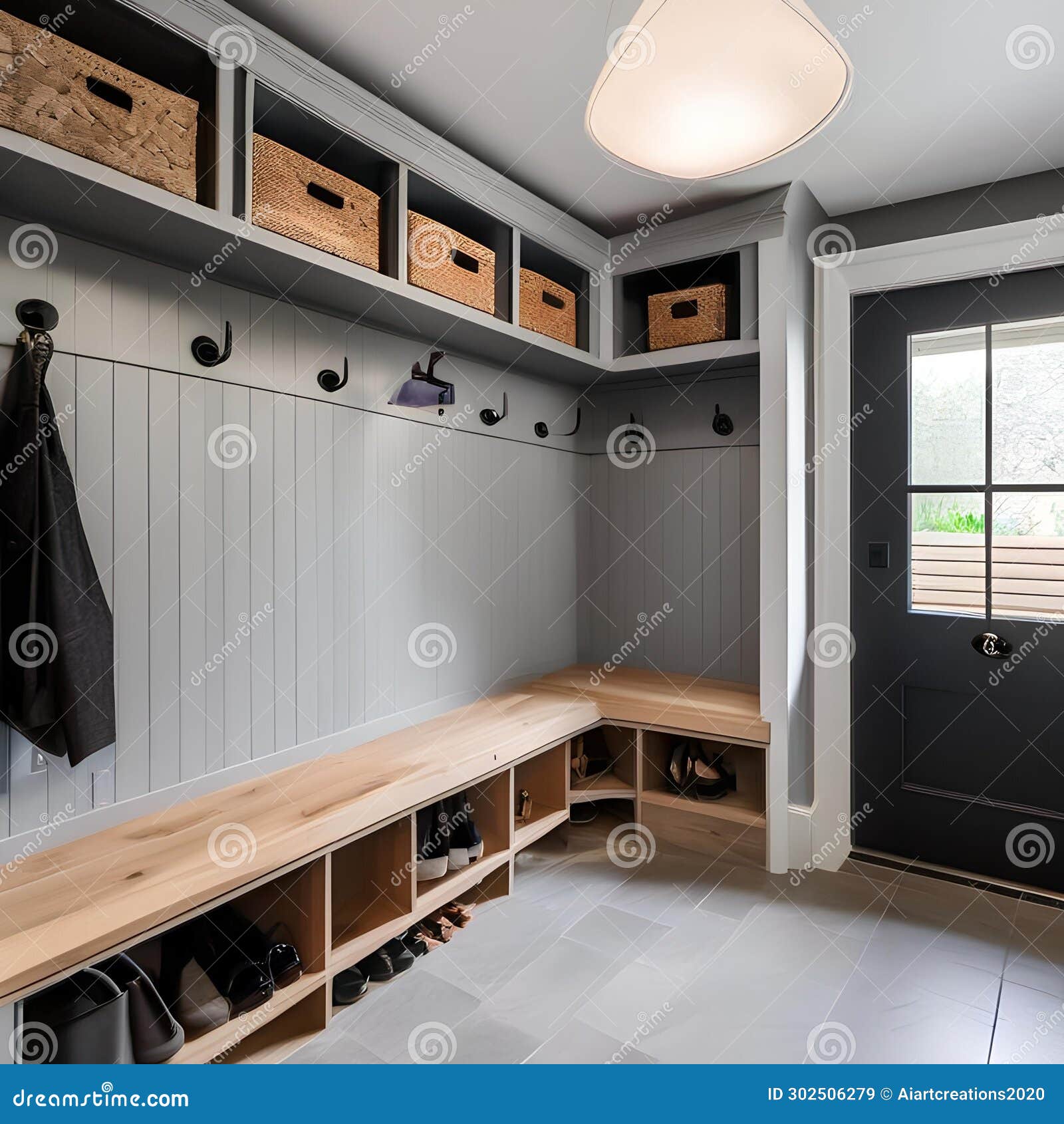 Mudroom With Built-in Wooden Benches, Hooks For Coats, And Storage ...