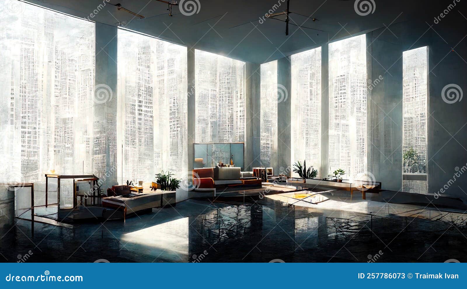 Stylish Futuristic Interior with High Ceilings and Wide Window Openings ...