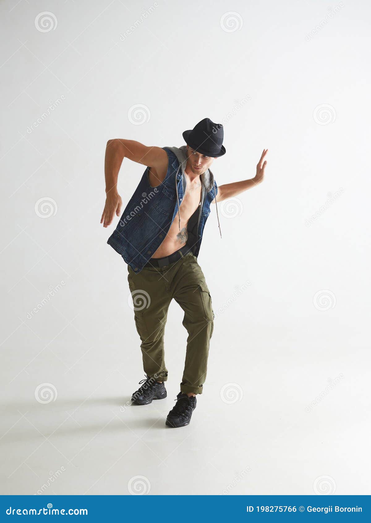 Stylish Guy Dancer in Hat Dancing Contemporary Dance in Studio on White ...