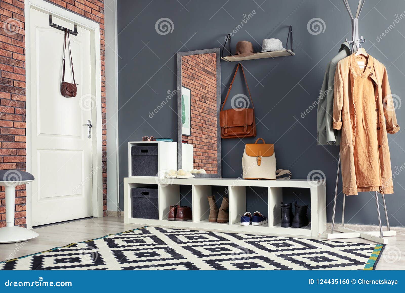 Stylish Hallway Interior with Mirror and Stand Stock Photo - Image of ...