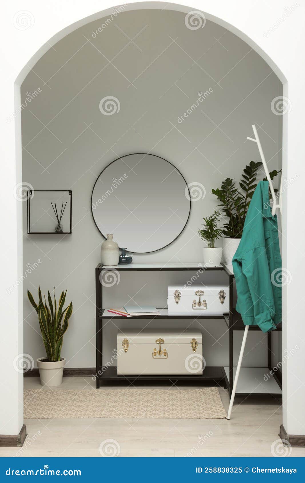 Stylish Hallway Interior with Round Mirror and Rack Stock Image - Image ...
