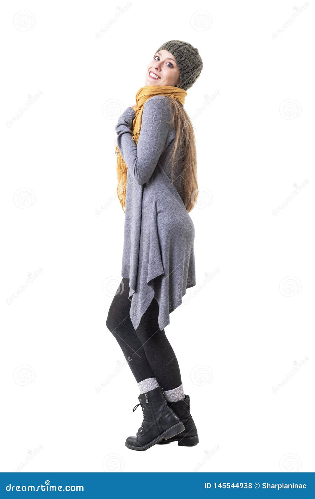 Stylish Hipster Girl in Gray Tunic with Cap and Yellow Shawl Smiling ... Stylish Hipster Girl in Gray Tunic with Cap and Yellow Shawl Smiling ...