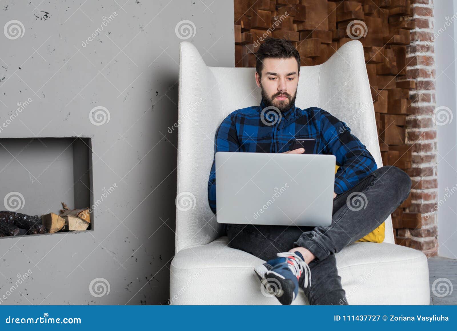 Stylish Hipster Guy Skilled Distance Internet Worker Using Cellphone ...