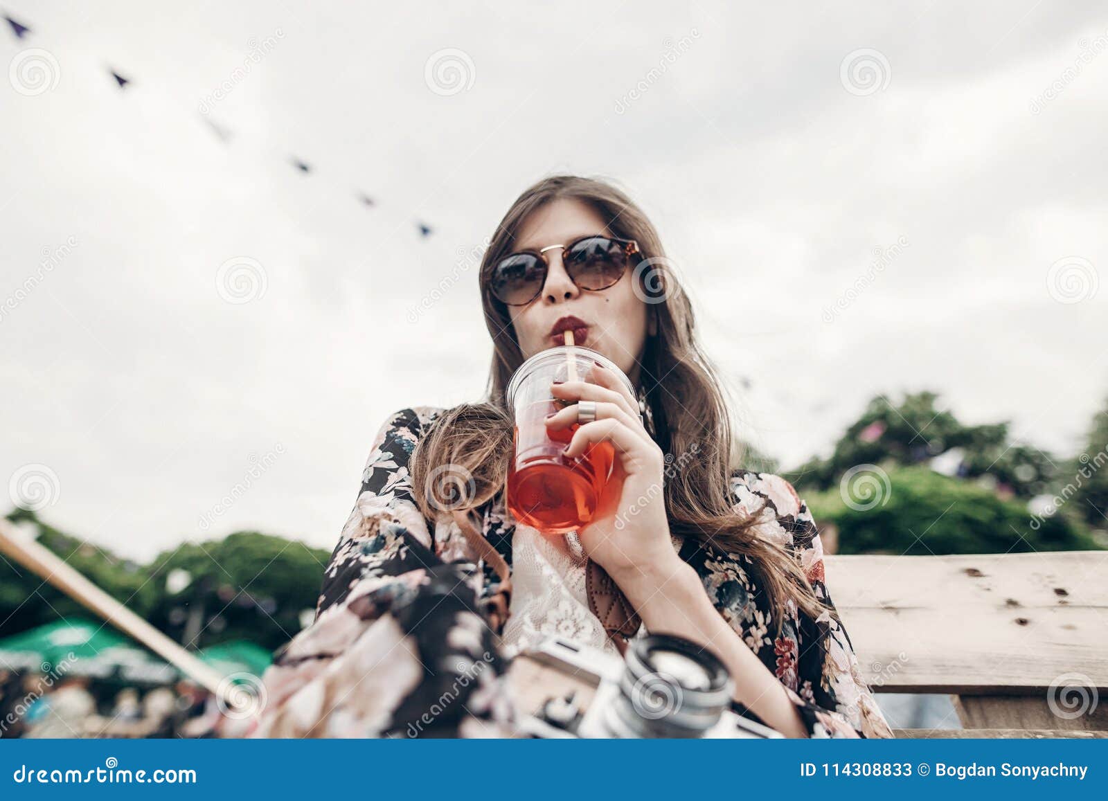 Stylish Hipster Woman Drinking Lemonade Cool Boho Girl In Denim Stock
