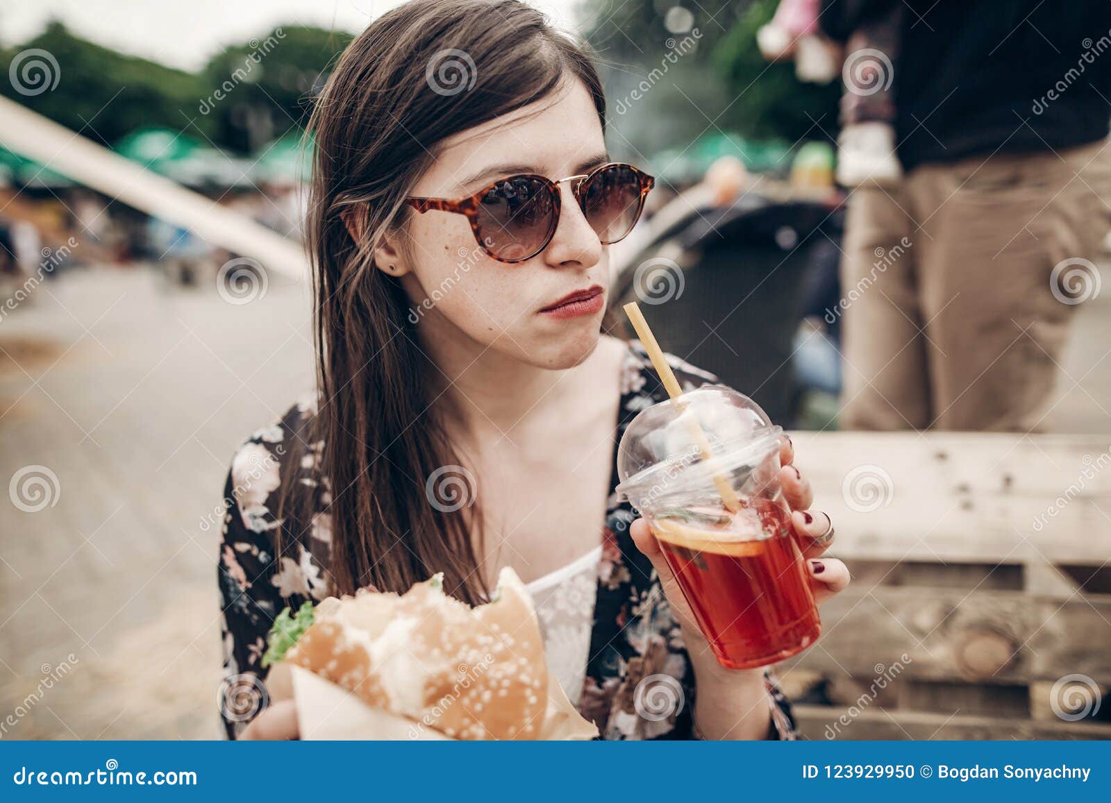 Stylish Hipster Woman Drinking Lemonade Cool Boho Girl In Denim Stock