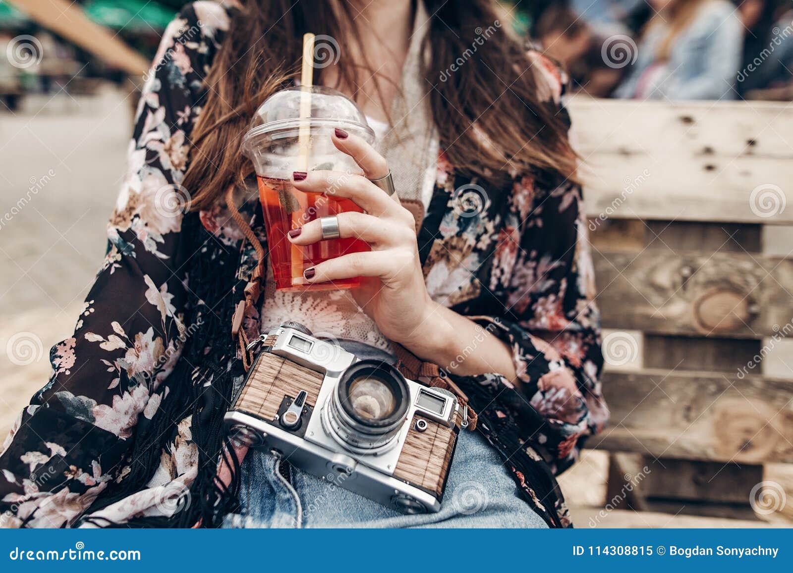 Stylish Hipster Woman Holding Lemonade Cool Boho Girl In Denim Stock
