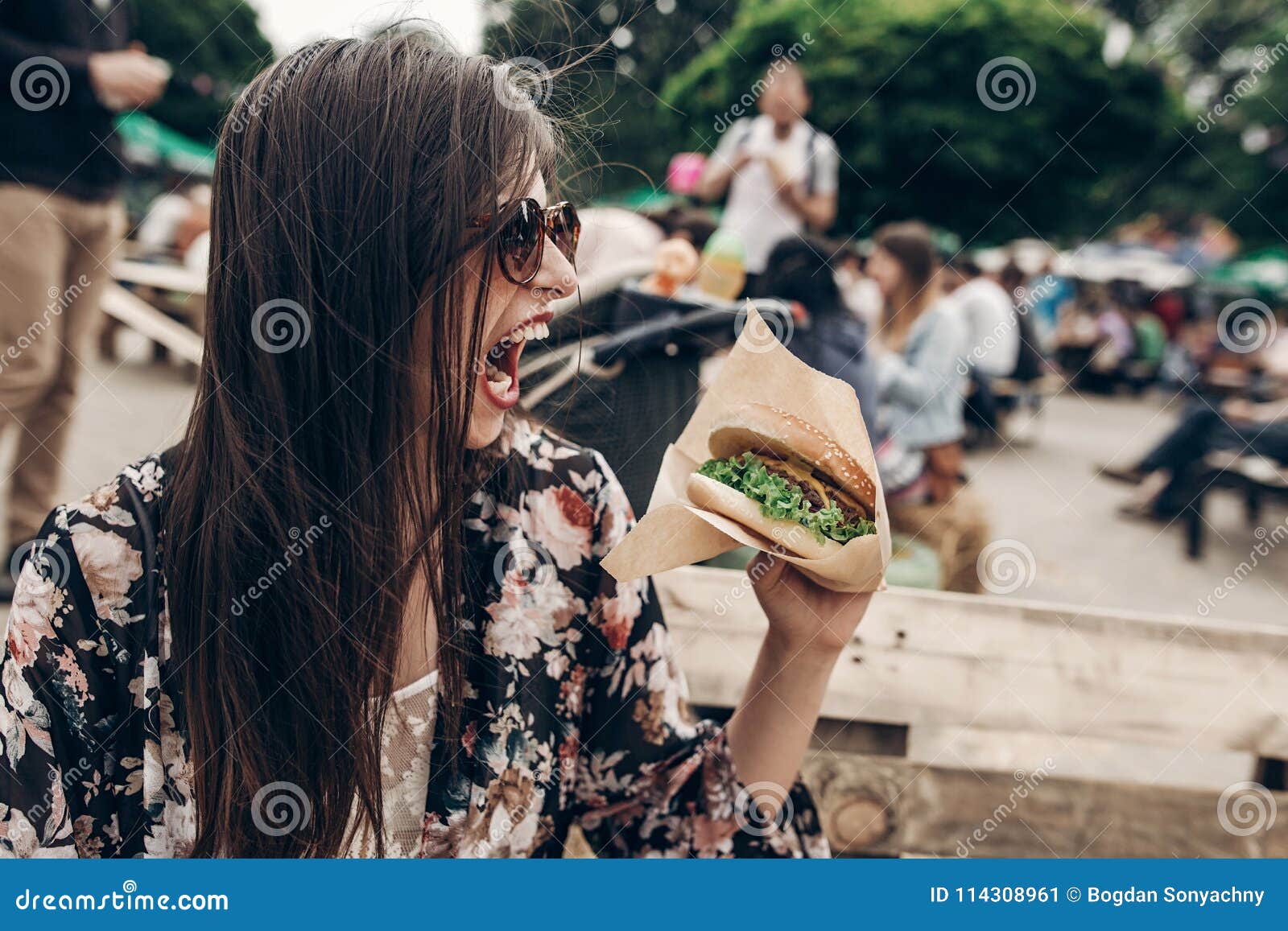 Stylish Hipster Woman in Sunglasses Eating Juicy Burger. Boho Gi Stock ... Stylish Hipster Woman in Sunglasses Eating Juicy Burger. Boho Gi Stock ...