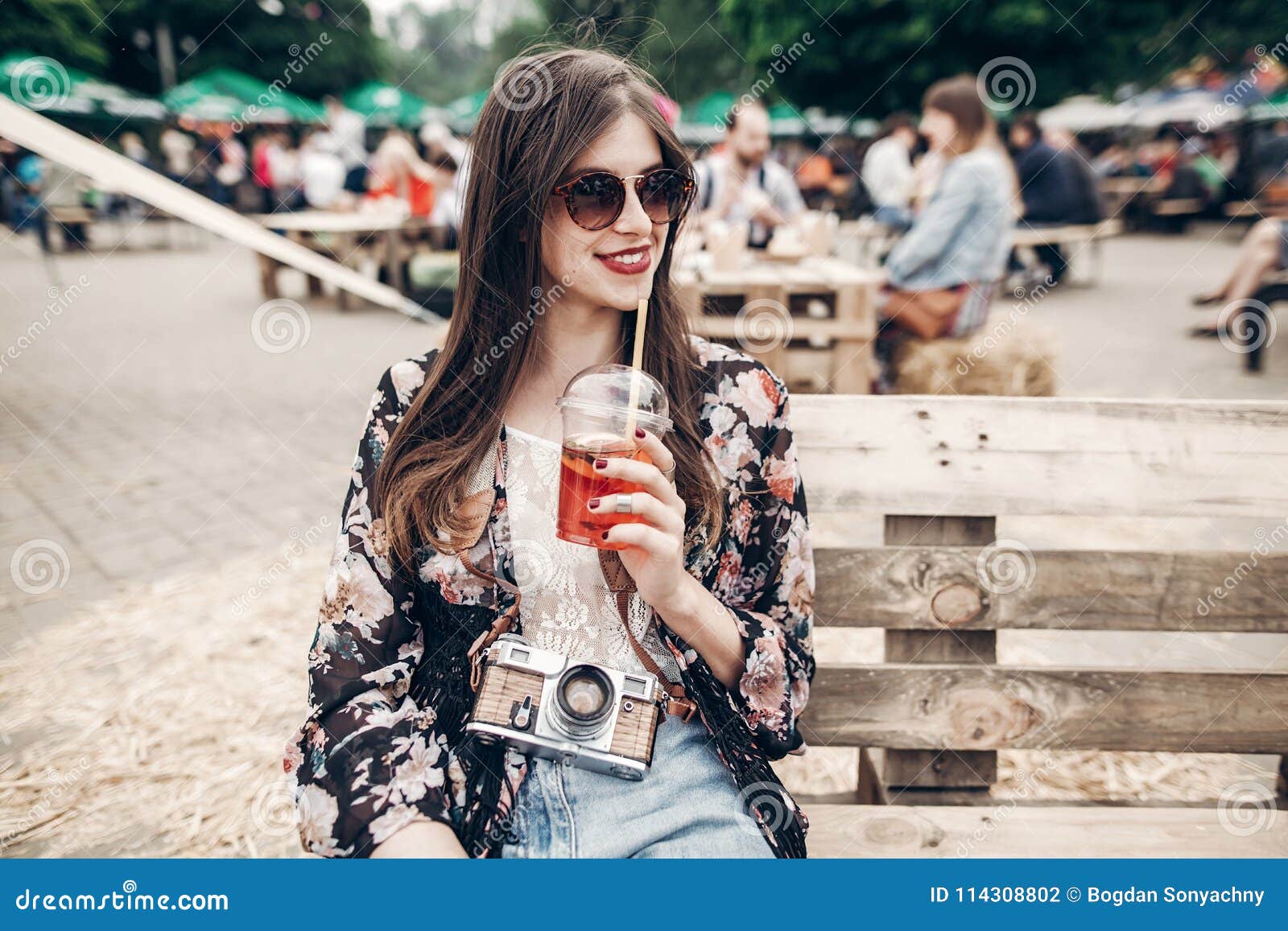 Stylish Hipster Woman In Sunglasses With Lemonade Boho Girl In Stock