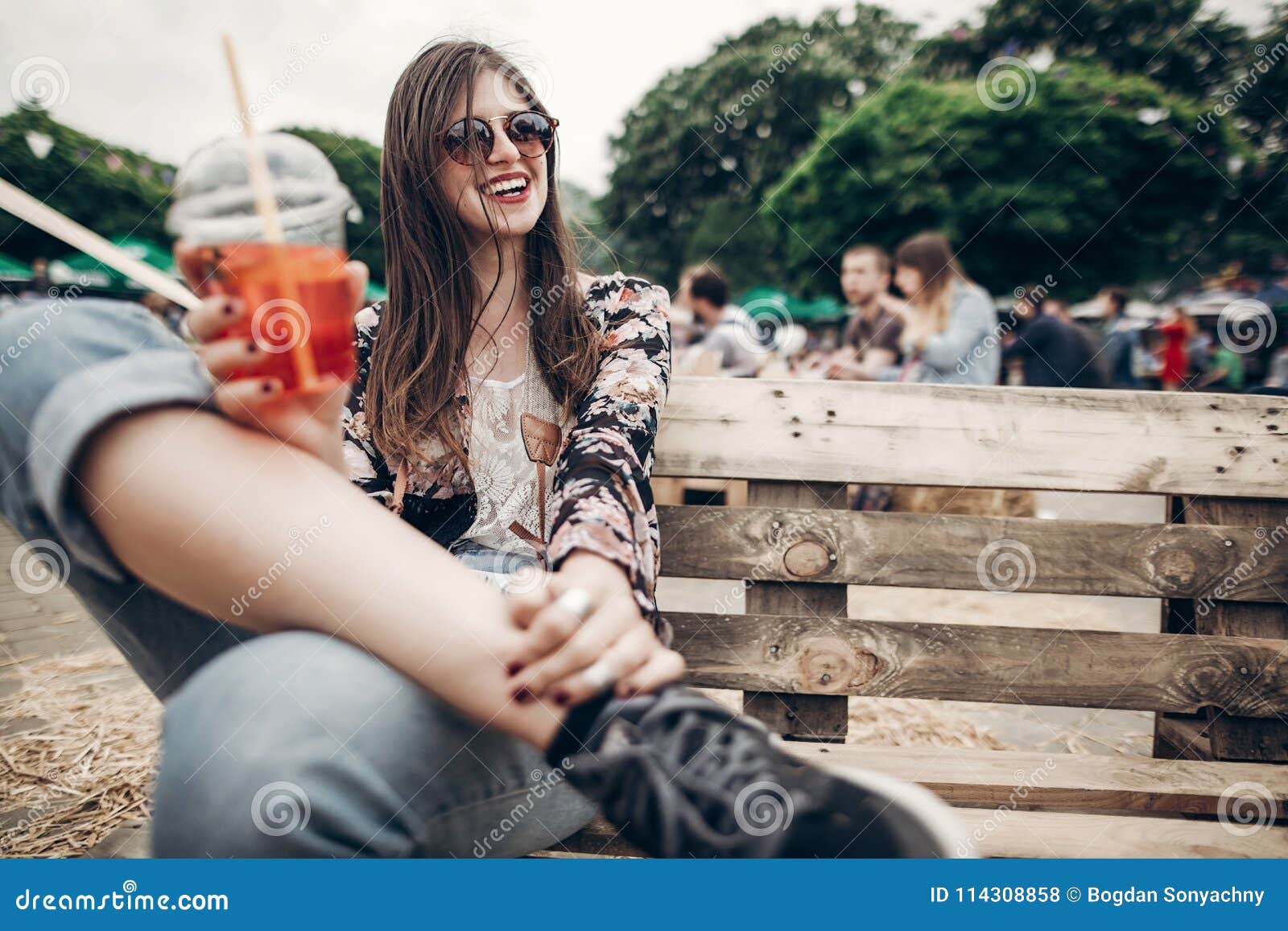 Stylish Hipster Woman In Sunglasses With Red Lips Holding Lemonade