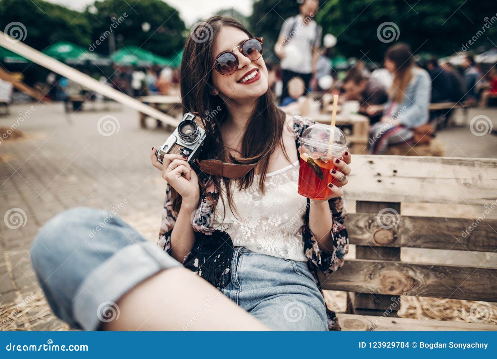 Stylish Hipster Woman In Sunglasses With Red Lips Holding Lemonade And