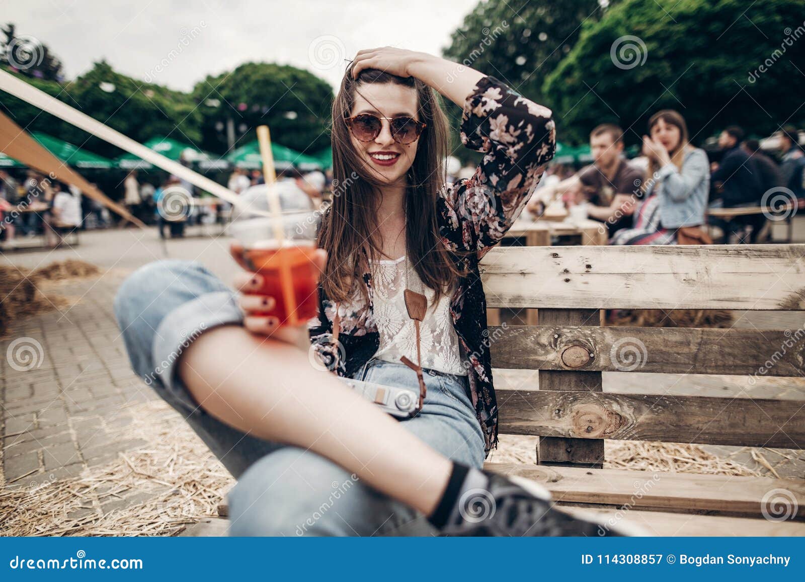 Stylish Hipster Woman In Sunglasses With Red Lips Holding Lemonade