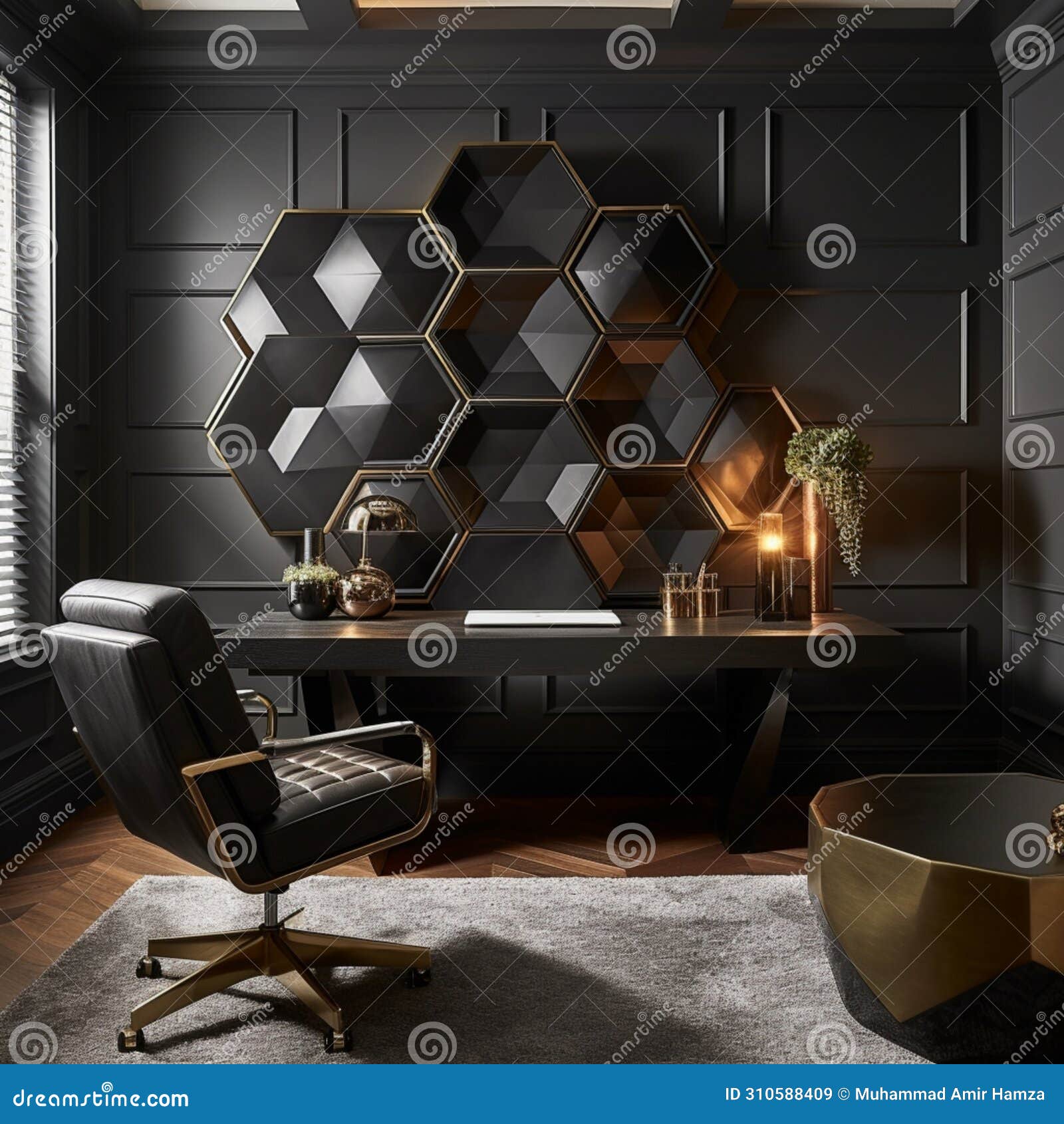 A Stylish Home Office with a 3D Hexagon Wall Panel and a Modern Stock ...
