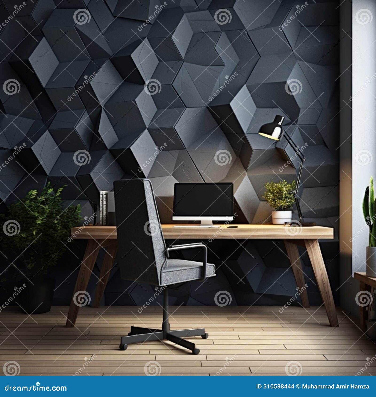 A Stylish Home Office with a 3D Hexagon Wall Panel and a Modern Stock ...