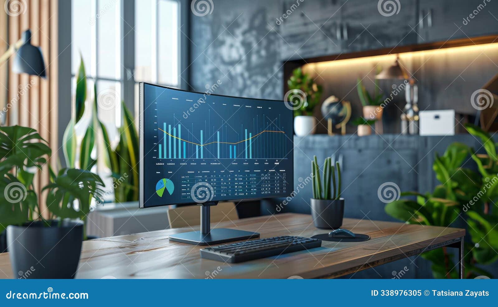 Stylish Home Office in Greenery Room, Computer Screen with Digital ...