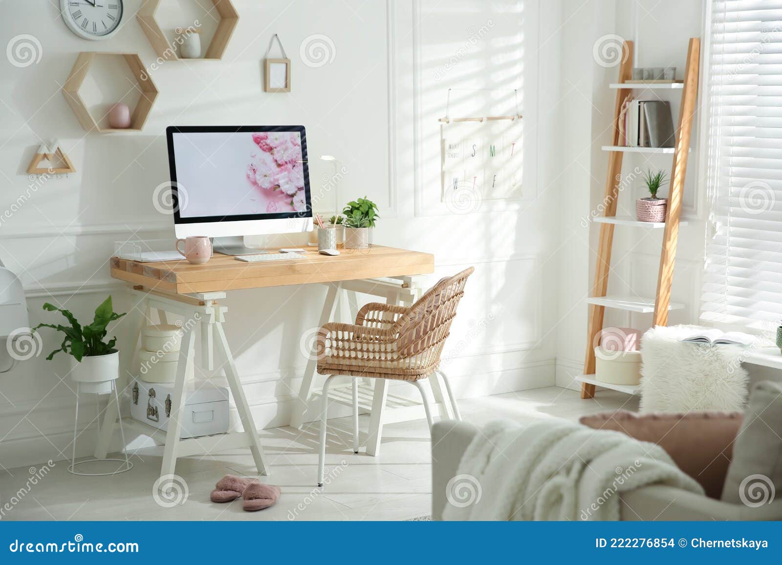 Stylish Home Office Interior with Workplace Stock Photo - Image of ...