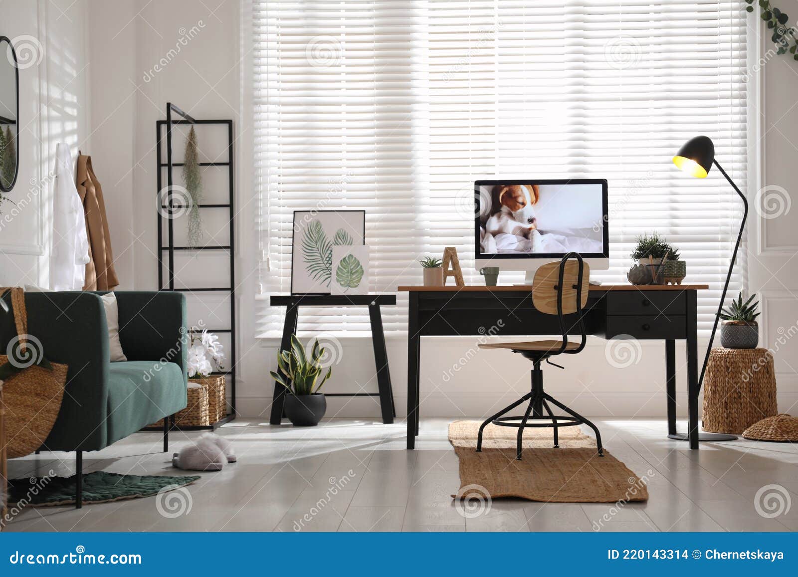 Stylish Home Office Interior with Sofa and Comfortable Workplace Stock ...