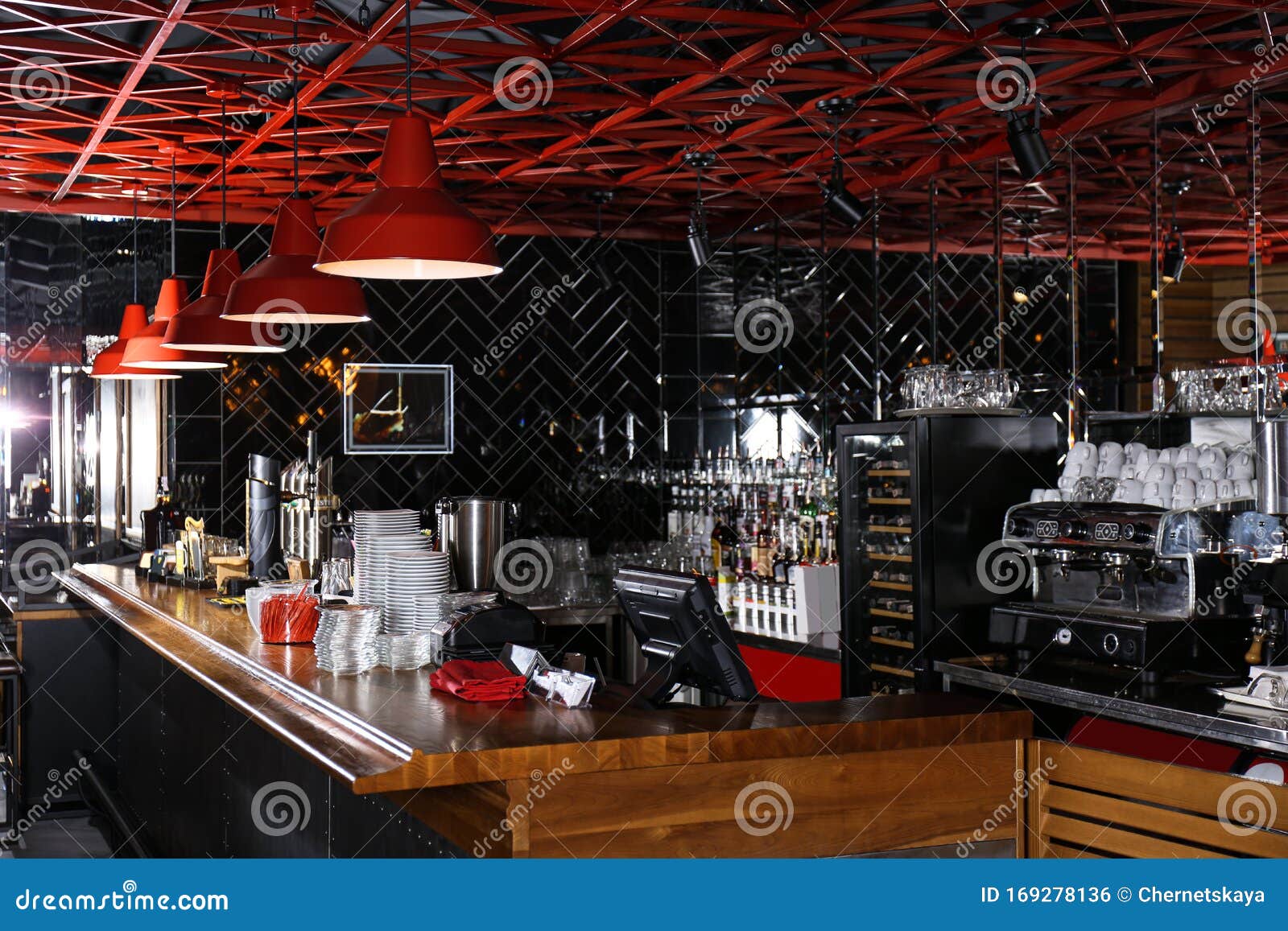 Stylish Interior of Cafe with Counter Stock Photo - Image of countertop ...