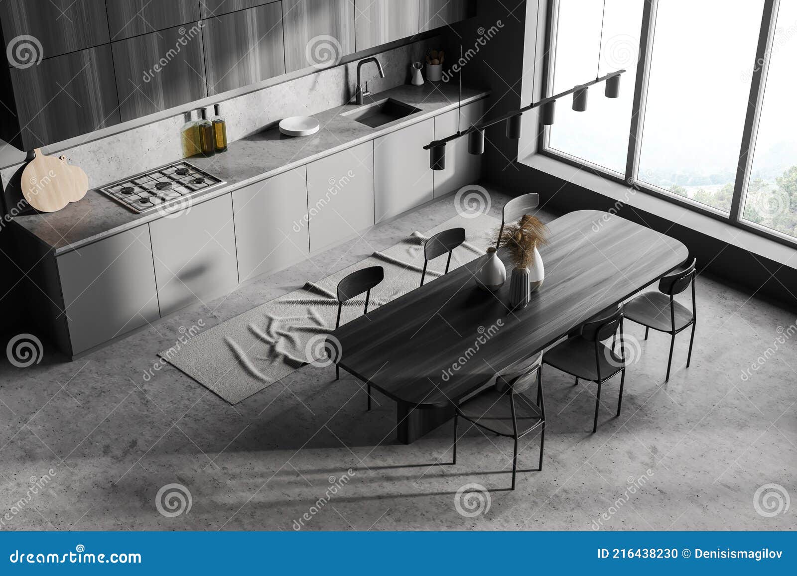 Stylish Interior of Dark Grey Modern Kitchen Room with Dining Table ...