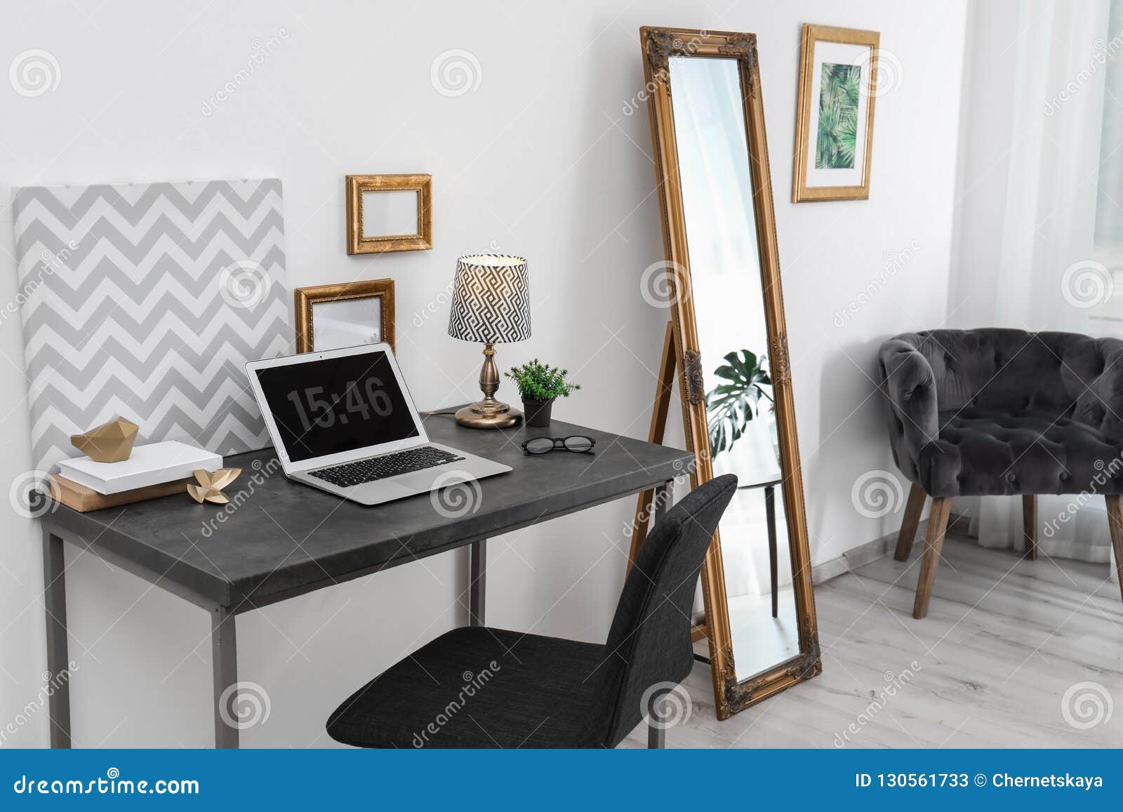 Stylish Interior with Modern Laptop on Table Stock Image - Image of ...